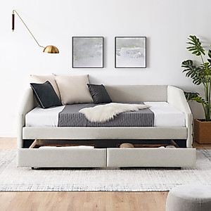 OMGO Linen Upholstered Queen Size Daybed with Two Storage Trundle Drawers, Solid Wooden Sofa Bed Frame w/Tufted Decorate, No Box Spring Needed, Space-Saving Design