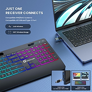 GEODMAER Wireless Keyboard and Mouse Combo with Phone Holder, Wrist Rest, Silent Rechargeable Backlit Full Size Ergonomic Keyboard and Mouse Wireless, Light Up Keyboard and Mouse for PC Mac