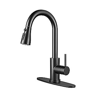 BASDEHEN Single Handle High Arc Matte Black Pull Out Kitchen Faucet, Single Level Stainless Steel Kitchen Sink Faucet with Pull Down Sprayer and 10 Inch Deck (Matte Black)