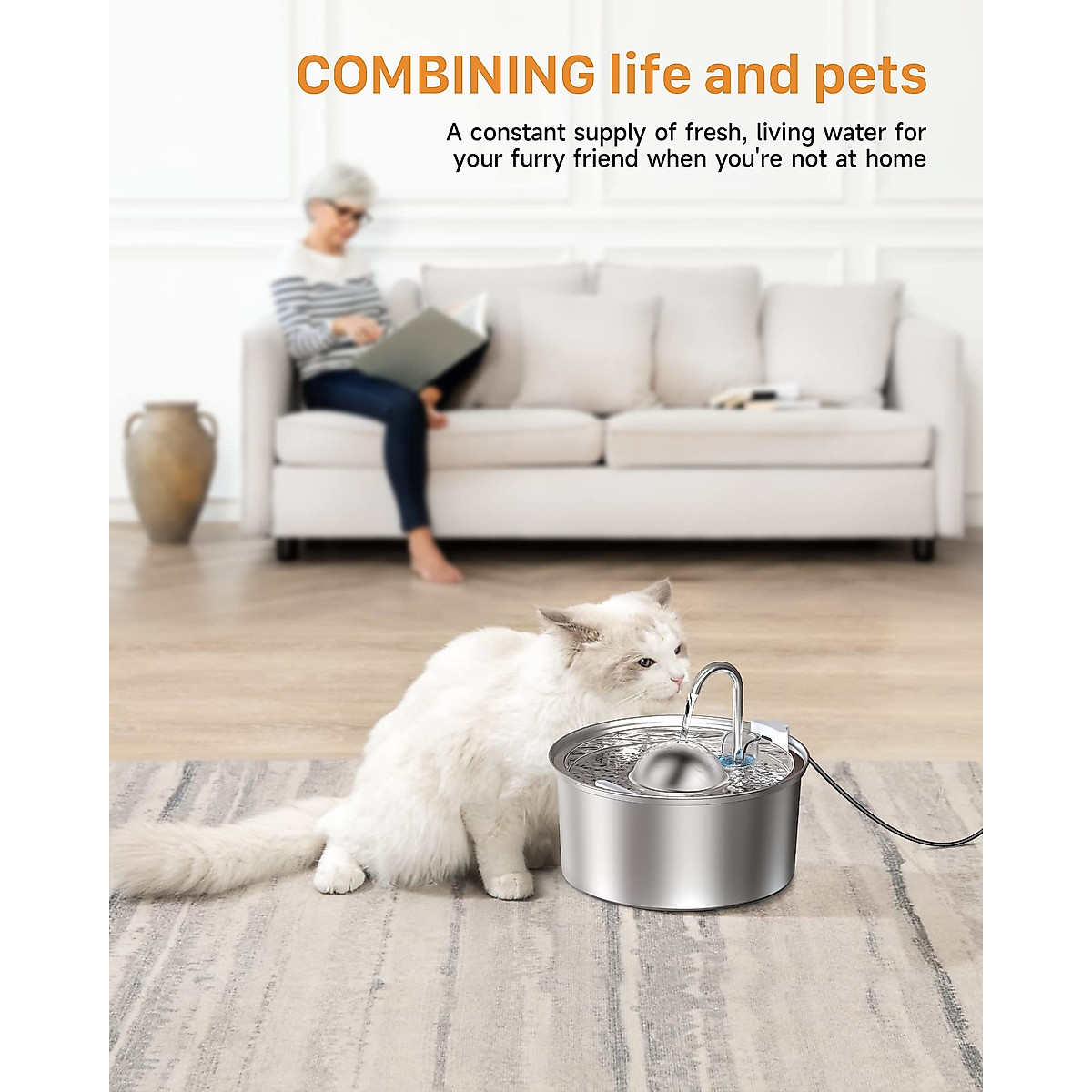 IHOUONE Cat Water Fountain : 108oz/3.2L Water Fountain for Cats Inside, Stainless Steel Cat Water Fountain, Super Silen, Pet Water Fountain with Splash-Proof Design, Multi-Filtration, Dishwasher Safe