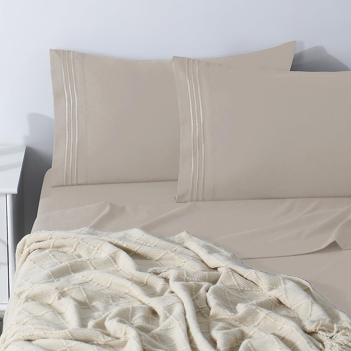 CozyLux Hotel Luxury Full Bed Sheets Set - 1800 Series 4-Piece Embroidered Microfiber Sheets, Double Brushed, 16" Deep Pocket, Soft and Wrinkle-Resistant, Beige