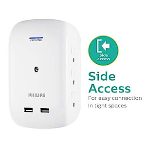 Philips 6-Outlet Extender 2-USB Surge Protector, Side Access Adapter, Wall Tap, Removable Device Charging Shelf, Charging Station, Protected Indicator Light, 450J, 2.4A, 12W, White, SPS6024WA/37