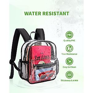 MAY TREE Clear Backpack Stadium Approved, Mini Clear Backpack, Heavy Duty Waterproof Transparent PVC Backpack (Black)