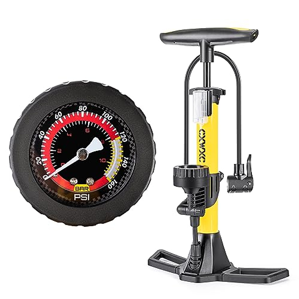 Bike Pump with Pressure Gauge- 160 PSI Bicycle Floor Pump fits Presta & Schrader Valve - Bike Pump with Air Ball Pump Inflator (Yellow)