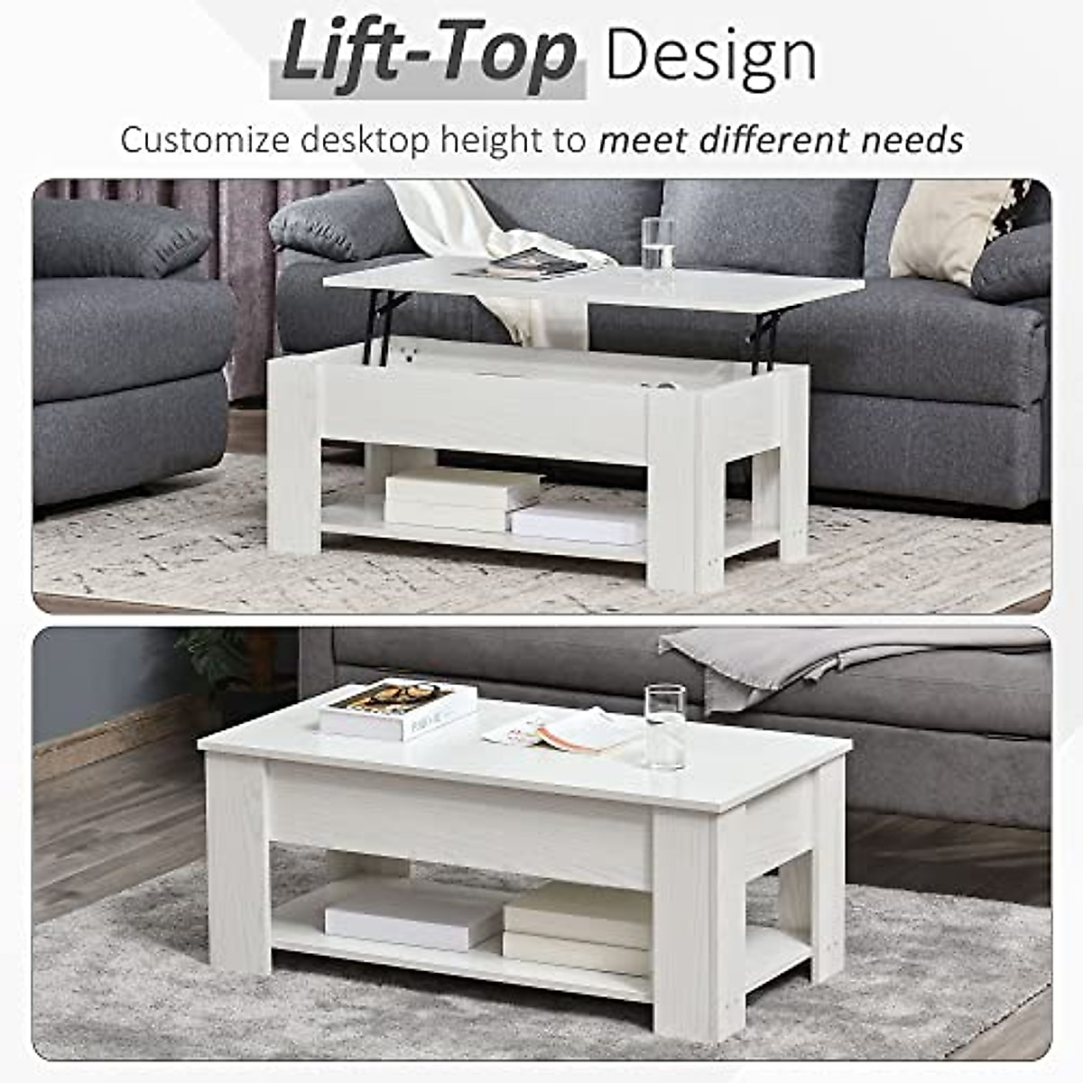 HOMCOM 39" Lift Top Coffee Table with Hidden Storage Compartment and Open Shelf, Pop Up Coffee Table for Living Room, White