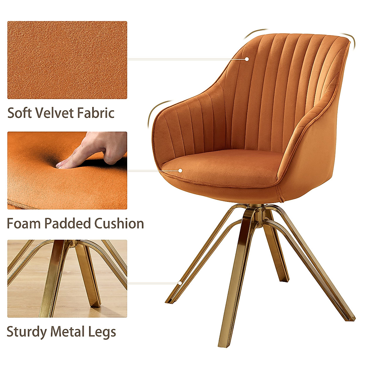 Art Leon Mid Century Modern Swivel Accent Chair, Desk Chair No Wheels, Fabric Upholstered Armchair with Gold Legs, Chair for Bedroom, Cinnamon