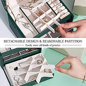Volance Jewelry Box Organizer for Women Girls,3 Layer Medium Sized PU Leather Jewelry Storage Box with Lock and Removable Tray,for Necklace Earrings Rings Bracelets - Green