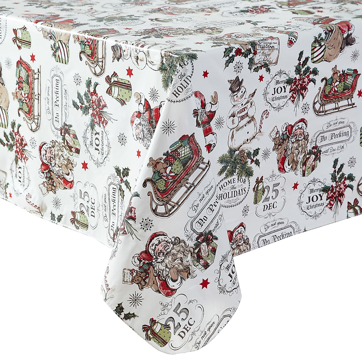 Newbridge Vintage Nostalgia Home for Holidays Print Flannel Back Vinyl Christmas Tablecloth - Vintage Santa Claus, Snowman and Sleigh Xmas Wipe Clean Easy Care Tablecloth, 52" x 52" Square