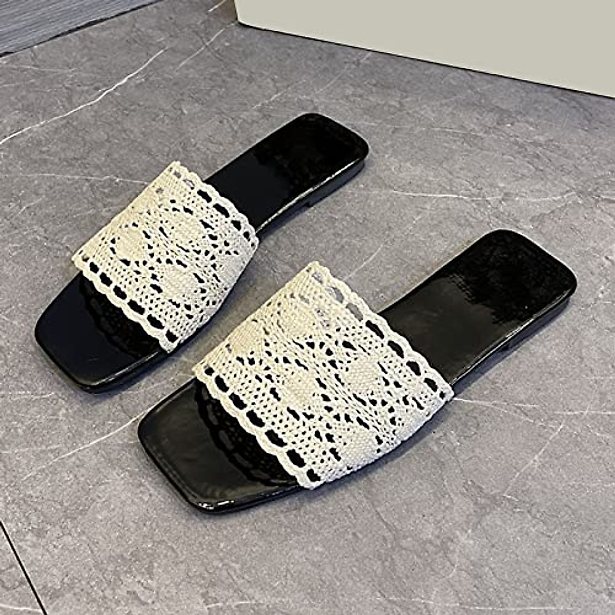 CsgrFagr New Hollow Lace Flat Bottomed Simple One Line Ladies Slippers Casual Shoes Toe Sandals for Women Cute (White, 7.50)