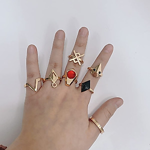 Genshin Hutao Cosplay Rings - 7pcs set Adjustable Metal Finger Ring For Men Women - Props Jewelry Halloween Costume Accessories (gold)