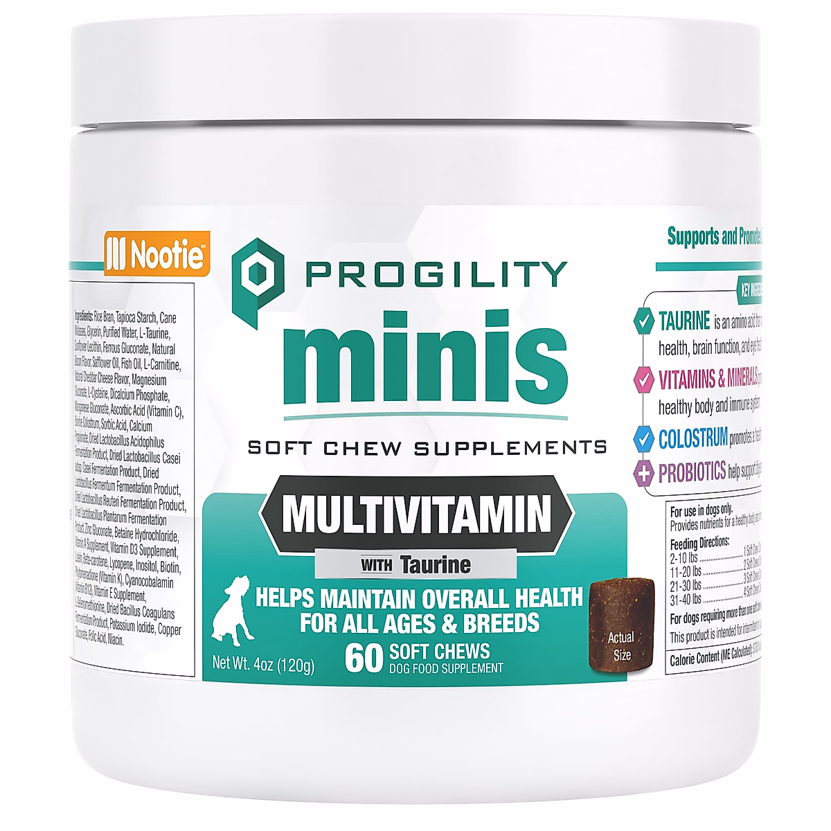 Nootie Progility Mini Multvitamin for Small Dogs, Multivitamin Supplement for Dogs with Taurine, 60 Soft Chews per Container