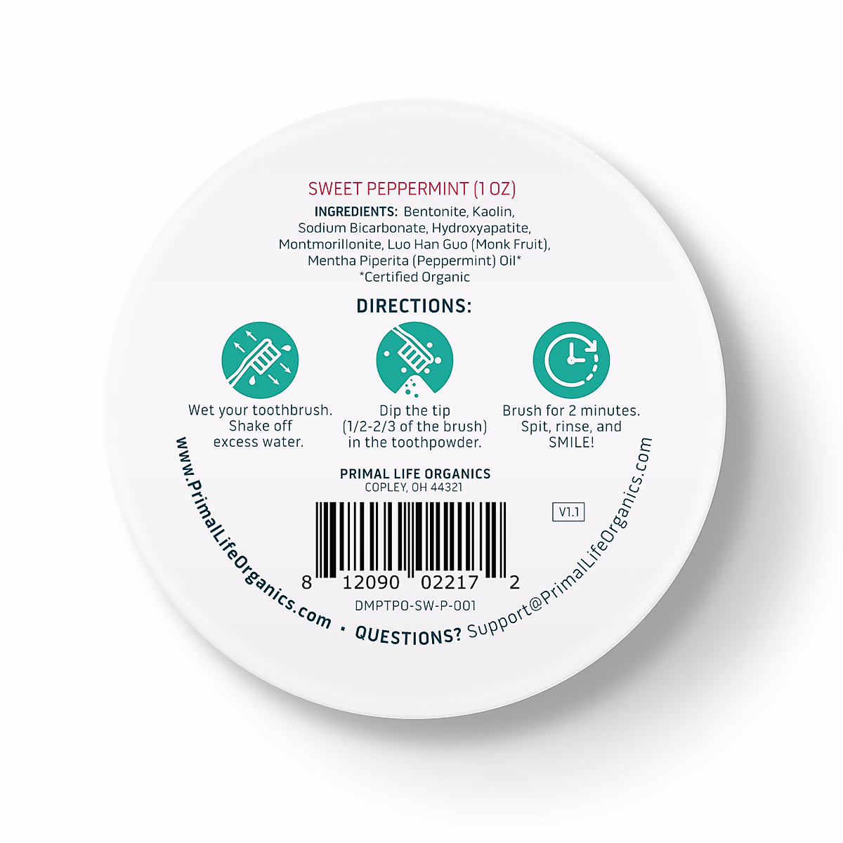 Primal Life Organics - Dirty Mouth Toothpowder, Tooth Cleaning Powder, Flavored Essential Oils with Natural Kaolin & Bentonite Clay, Good for 200+ Brushings, Organic, Vegan (Sweet Peppermint, 1 oz)