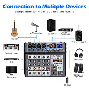 BOMGE 6 channel Audio DJ Console Mixer with Dua UHF Wireless Microphone,USB, Bluetooth, 48V phantom,16 Echo/Delay for Home Studio Recording DJ Network Live Karaoke PC Guitar