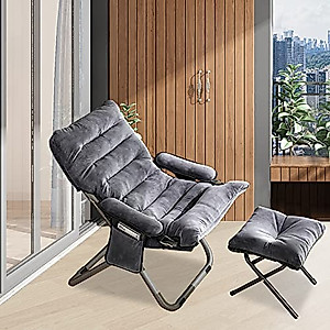 CMFTGDS Lazy Chair with Ottoman, Foldable Modern Lounge Accent Chair with Armrests and a Side Pocket, Leisure Upholstered Sofa Reading Chair with Footrest for Small Space