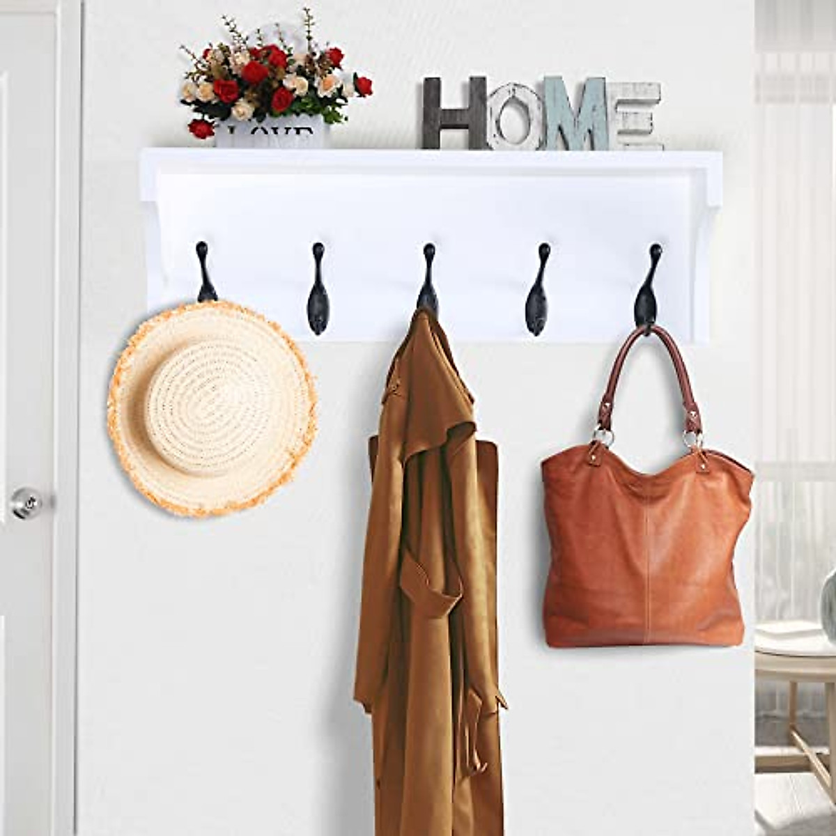 Dseap Wall Shelf with 5 Dual Hooks - 17-inch Heavy Duty Coat Rack Wall Mount with Shelf, Entryway Shelf with Hooks Underneath - Solid Pine Wood - for Entryway, Mudroom, Kitchen, Bathroom, White TEG02B