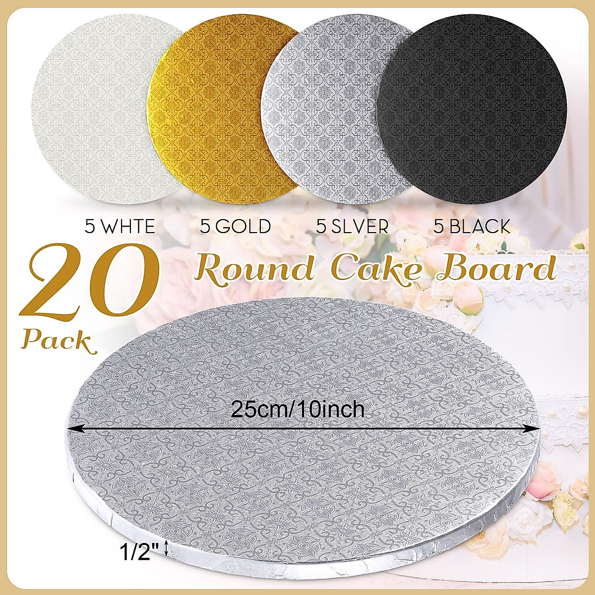 20 Pieces Cake Boards 10 Inch Round Cake Drum with 1/2 Inch Thick Round Cake Stands Cake Smooth Edge for Multi Tiered Birthday Wedding Party, Black, Silver, Gold and White
