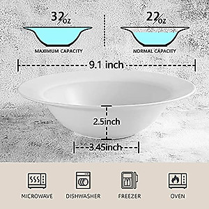 Wareland Rimmed Pasta Bowls Set of 4, 22 OZ Wide Rim Pasta Plates, Large Salad Serving Bowls for Restaurant, White Porcelain Deep Spaghetti Plates, Microwave Dishwasher Oven Safe