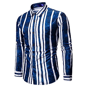 Men's Long Sleeve Stylish Dress Shirts Striped Casual Button Down Shirts Regular Fit Turn-Down Collar Shirt Top (Dark Blue,3X-Large)
