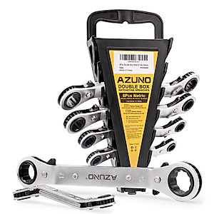 AZUNO 6 pcs Double Offset Box End Reversible Ratcheting Wrench Set, Metric, Ratchet Spanner Crooked for Narrow Spaces
