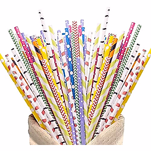HAKACC 200 Pack Biodegradable Paper Straws for Drinking, 10 Different Pattern Party Straws for Birthday Wedding and Holiday DIY Decorations