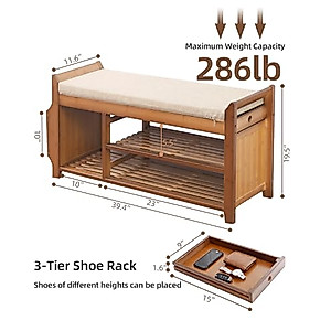 PETKABOO 2 Tier Shoe Bench, Shoe Rack with Hidden Drawer and Side Holder, Shoe Storage Bench Organizer for Entryway Hallway Living Room, Bamboo Material