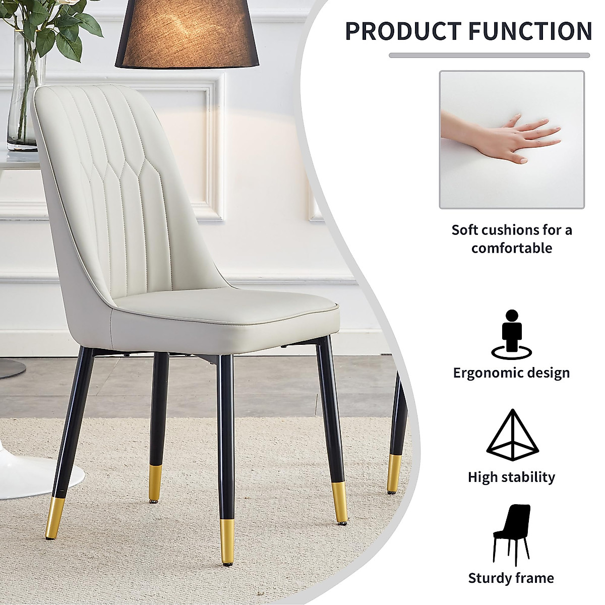 Dvasovio Dining Chairs Set of 4 with Pu Artificial Leather Backrest Cushions and Black Metal Legs, Suitable for Restaurants, Kitchens, and Dining Room. (Grey+PU Leather)