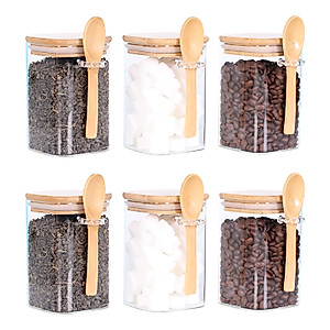 LEAVES AND TREES Y Set of 6 Square Glass Jars with Bamboo Lids and Spoons, 17 OZ Airtight Small Glass Tea Containers for Loose Tea, Coffee and Sugar Glass Container for Yogurt Jars with Lids