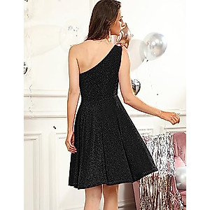 DRESSTELLS Women's Cocktail Party Dresses, Black One Shoulder Glitter Sparkly Homecoming Dress for Teen, Summer Wedding Guest Skater Dress 2023 M