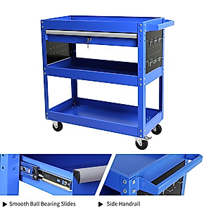 Heavy Duty 3 Tier Rolling Tool Cart with 1-Drawer,Service Cart Tool Organizer with Locking,Utility Cart Industrial Storage with Wheels and Handle for Warehouse,Garage,Workshop,Mechanic,Blue