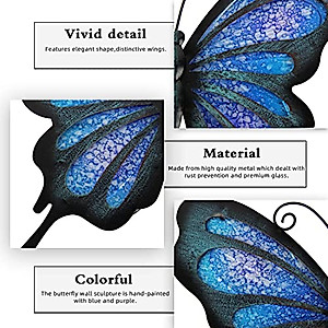 HONGLAND Metal Butterfly Wall Decor Glass Outdoor Wall Art Sculpture Hanging Garden Decorations Blue for Home Garden