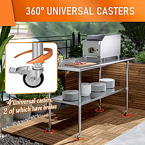 HOCCOT Stainless Steel Prep & Work Table with Adjustable Shelf, with Backsplash and Wheels, Kitchen Island, Commercial Workstations, Utility Table in Kitchen Garage Laundry Room Outdoor BBQ, 24" X 60"