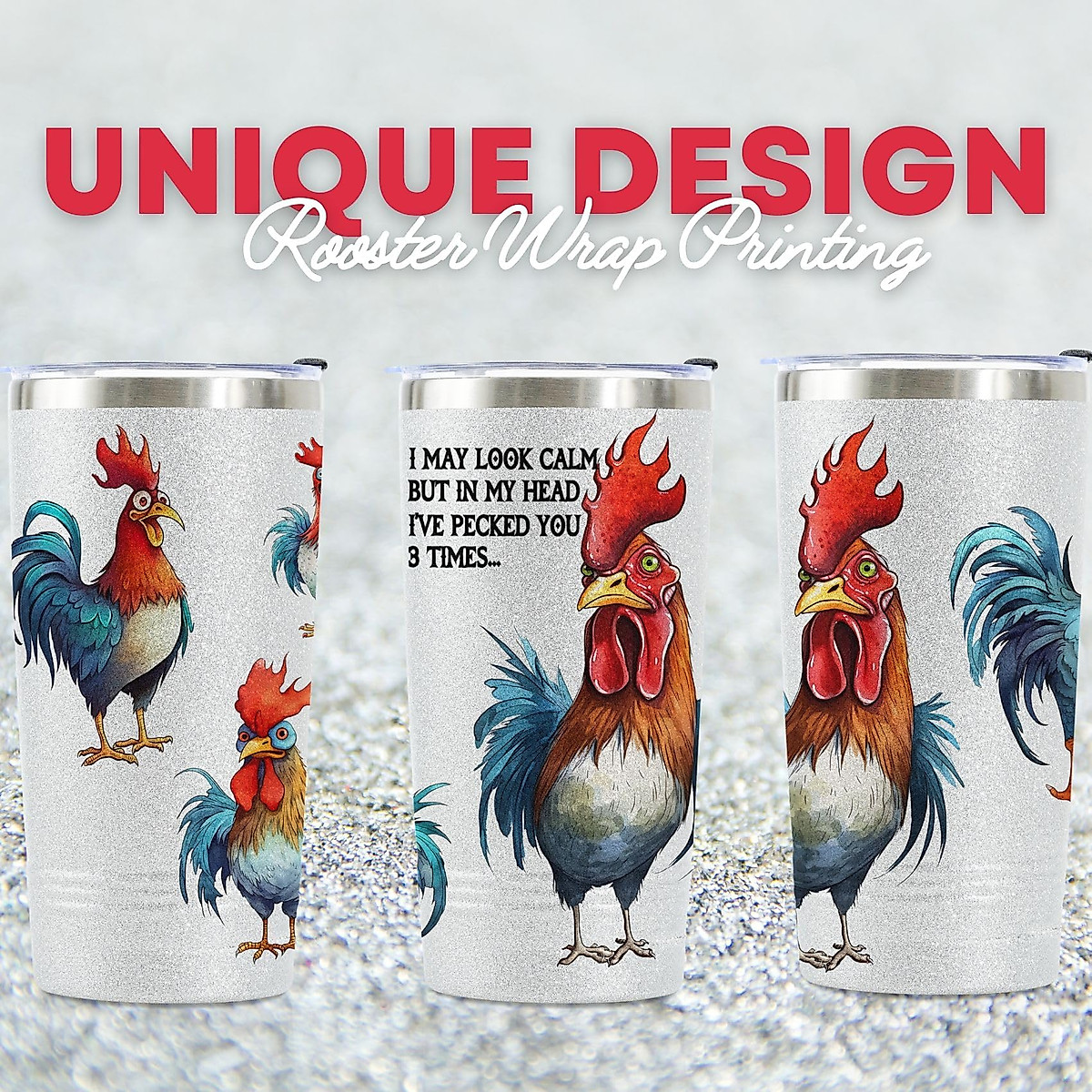 Onebttl Rooster Gifts for Men, Women, Funny Rooster Glitter Coffee Mug Tumbler for Coworker, Friends, I've Pecked You 3 Times, Stainless Steel Tumbler 20oz