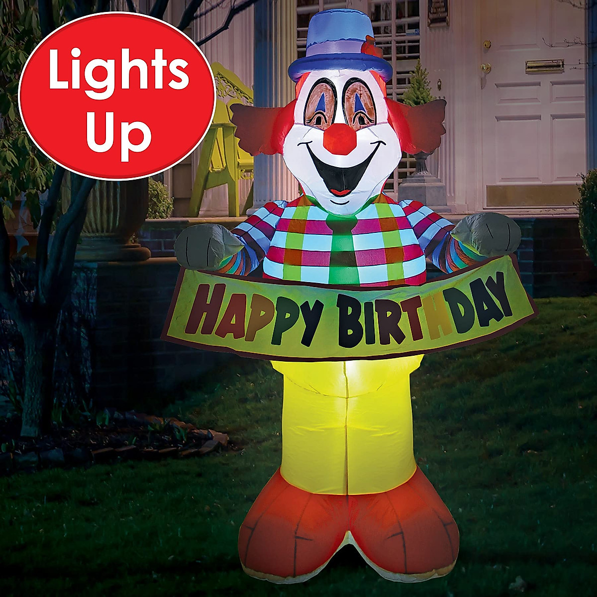 Beistle 5 FT 10 in Light-Up Jumbo Inflatable Clown Happy Birthday Party Decoration with LED Lights Blow Up Yard Decor, Indoor/Outdoor Use