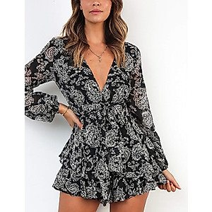 Relipop Women's Romper Floral Print V Neck Baggy Sleeve Waist Tie Layered Ruffle Hem Short Casual Summer Rompers Jumpsuits