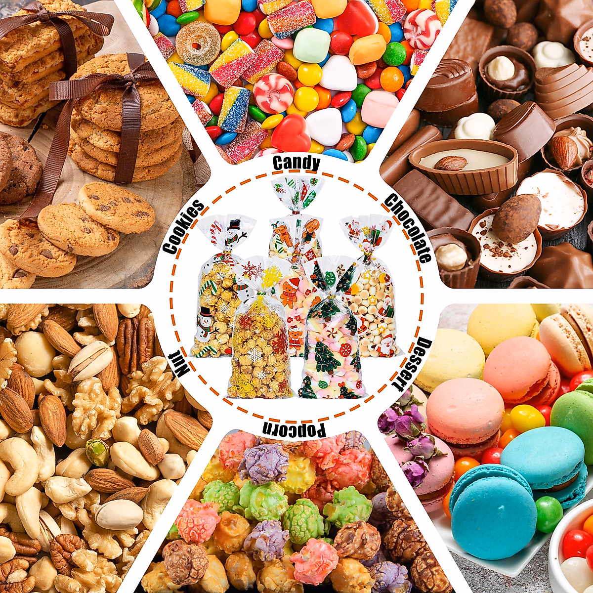 Twavang 120 Pcs Christmas Cellophane Treat Bags, Xmas Gift Bags Candy Goodies Bags with 140 Pcs Twists for Snacks Cookies Packing (10.6 x 5.1 inches)