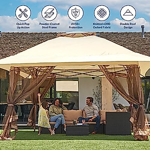 BELLEZE 13x13Ft Gazebo, Pop Up Gazebo Double Roof Outdoor Canopy w/Mosquito Netting, Stable Steel Frame and Carry Bag, Height Adjustable Patio Gazebo for Backyard, Garden, Lawn