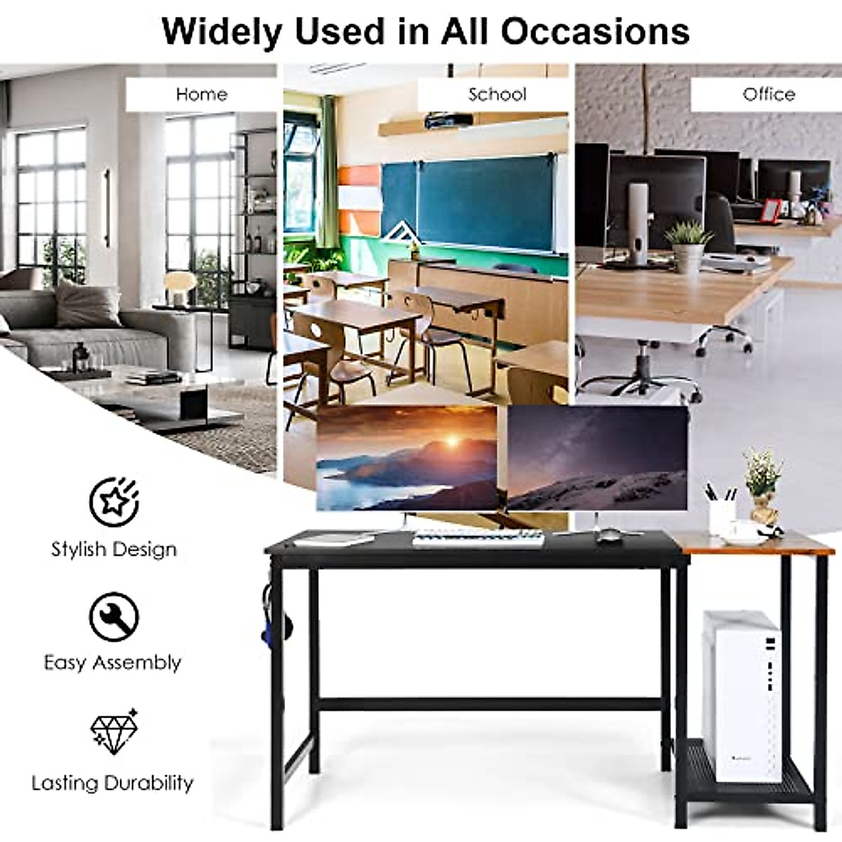 COSTWAY 59” Computer Desk, with 2 Removable Storage Shelves, Industrial Writing Workstation with Headphone Hook, for Home Office, Gaming Desk (Black)