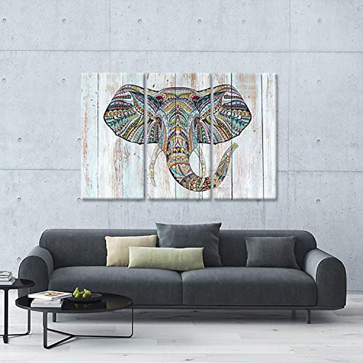 iHAPPYWALL 3 Pieces Animal Canvas Wall Art Tribal Elephant Boho Paisley Pattern Abstract Wildlife Artwork for Bedroom Living Room Stretched and Framed Ready to Hang 16x32inchx3pcs