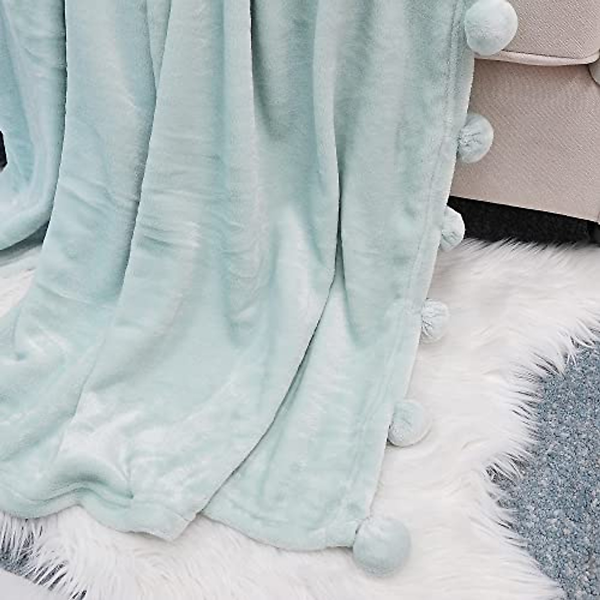 Home Soft Things Pompom Bed Couch Throw Blanket, 50'' x 60'', Harbor Blue, Fuzzy Soft Comfy Warm Decorative Throw Blanket for Living Room Bedroom Suitable for All Seasons