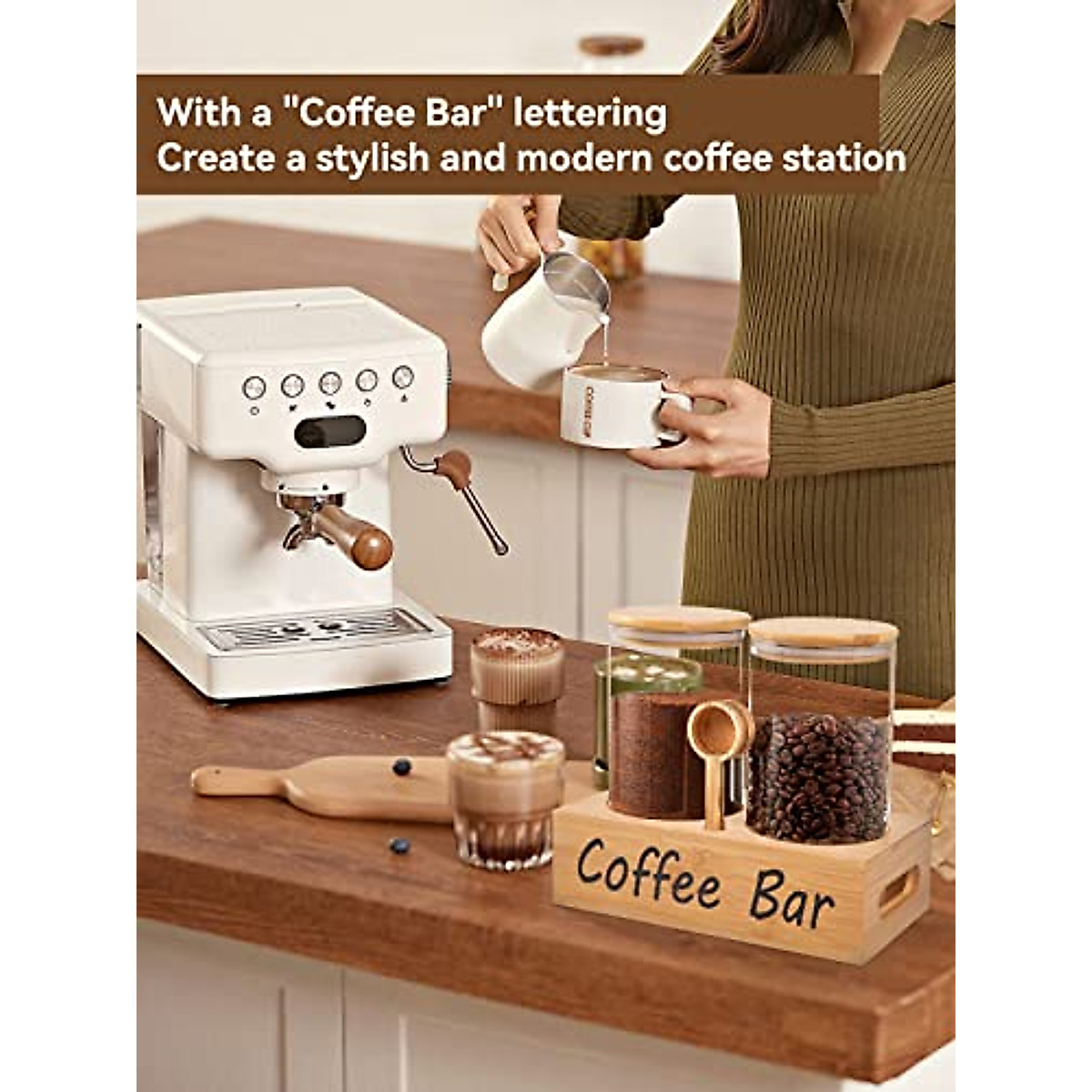 Glass Coffee Containers with Shelf Printed Coffee Bar- 2 Pcs 49oz BPA Free Coffee Storage Jars with Airtight Sealed Bamboo Lids Spoon, Kitchen Food Storage Jars for Coffee Beans & Powder, Sugar, Tea