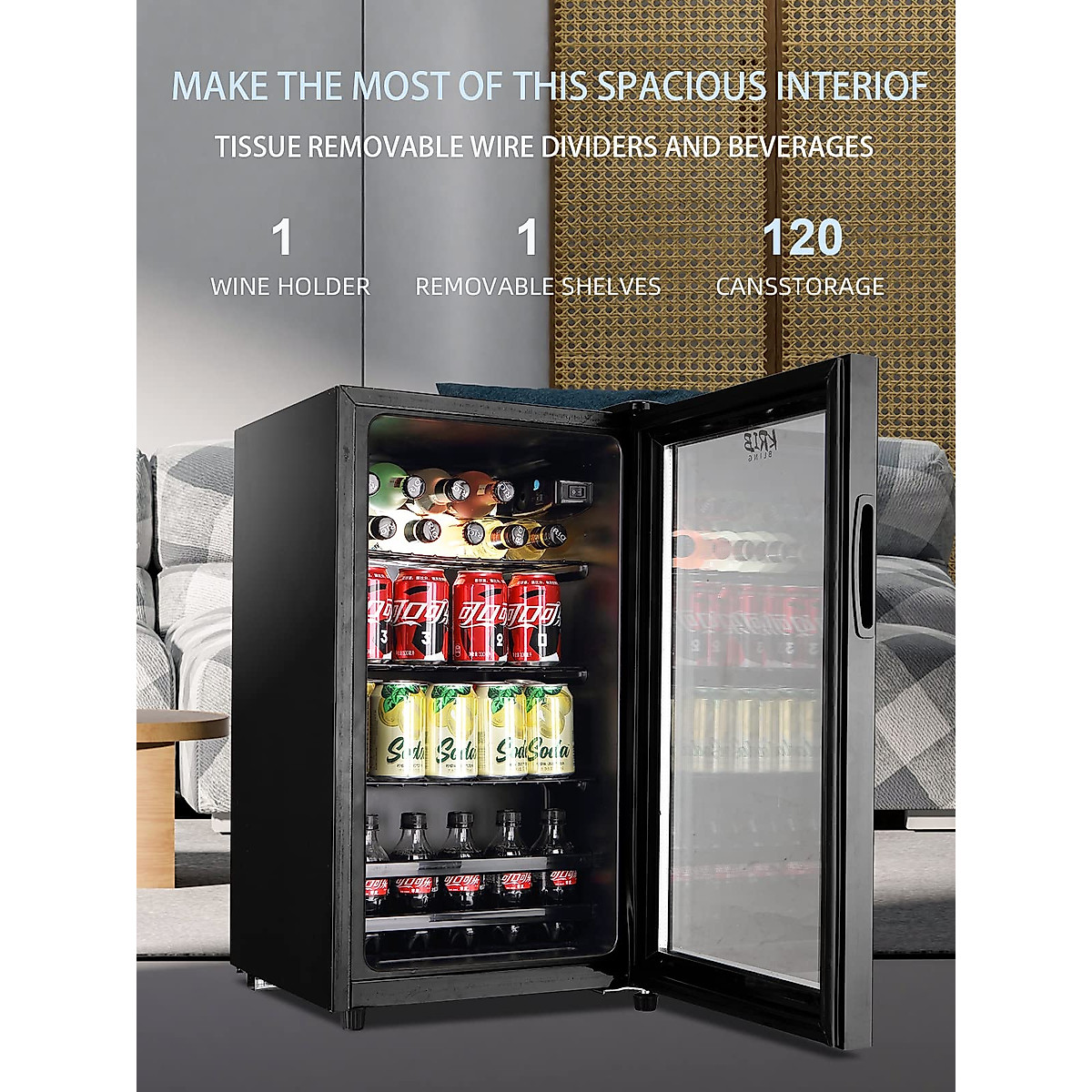 KRIB BLING Beverage Refrigerator Cooler 120 Can Freestanding Beverage Cooler with Adjustable Shelving Glass Door for Beer Soda or Wine for Home Office or Bar