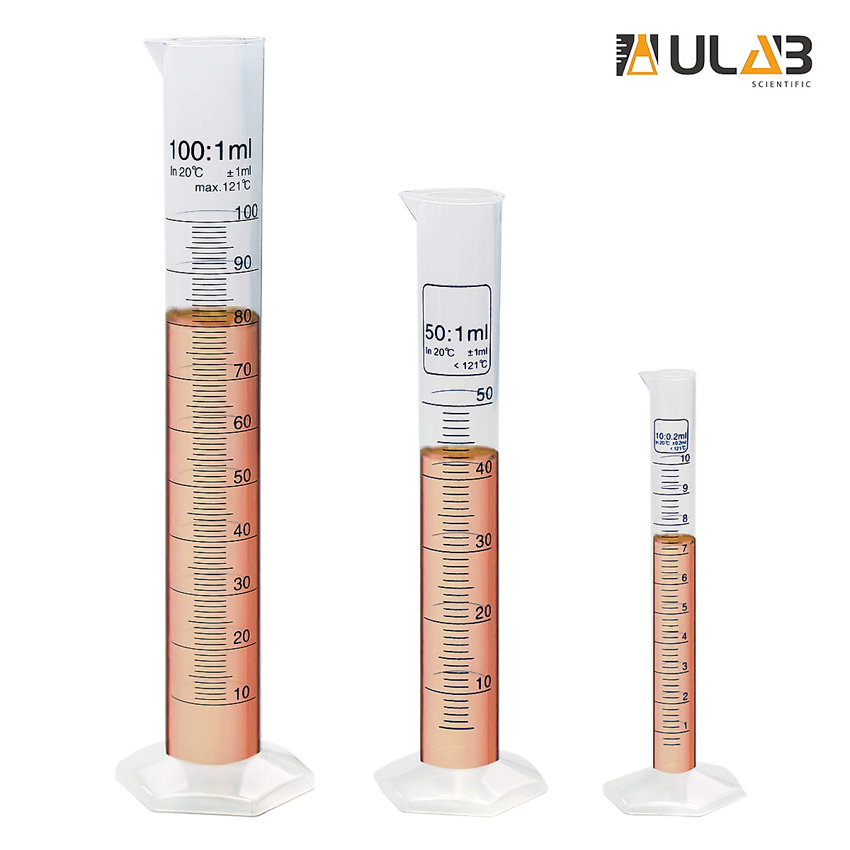 ULAB Scientific Plastic Measuring Cylinder Set, 3 Sizes 10ml 50ml 100ml, PP Material Hexagonal Base, Blue Printed Graduation, UMC1003