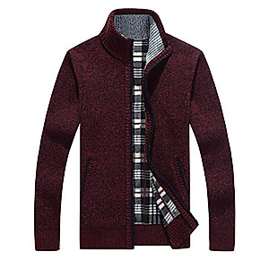 Yeokou Men's Slim Fit Zip Up Casual Knitted Cardigan Sweaters With Pockets (Large, Wine Red)