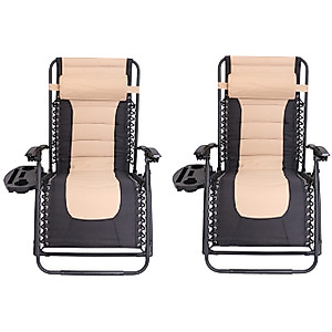 BTEXPERT Oversized Padded Zero Gravity Chair Folding Recliner Chaise Lounge Outdoor Garden Utility XL Anti-Gravity Lounger, Side Tray Cup Holder, Headrest Pillow (Set of 2 Tan Black) (5196-2)