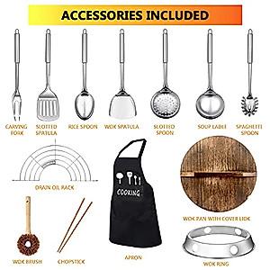 kaqinu Carbon Steel Wok Pan, 14 Piece Woks & Stir-Fry Pans Set with Wooden Lid & Cookwares, No Chemical Coated Flat Bottom Chinese Woks Pan for Induction, Electric, Gas, Halogen All Stoves - 12.6''