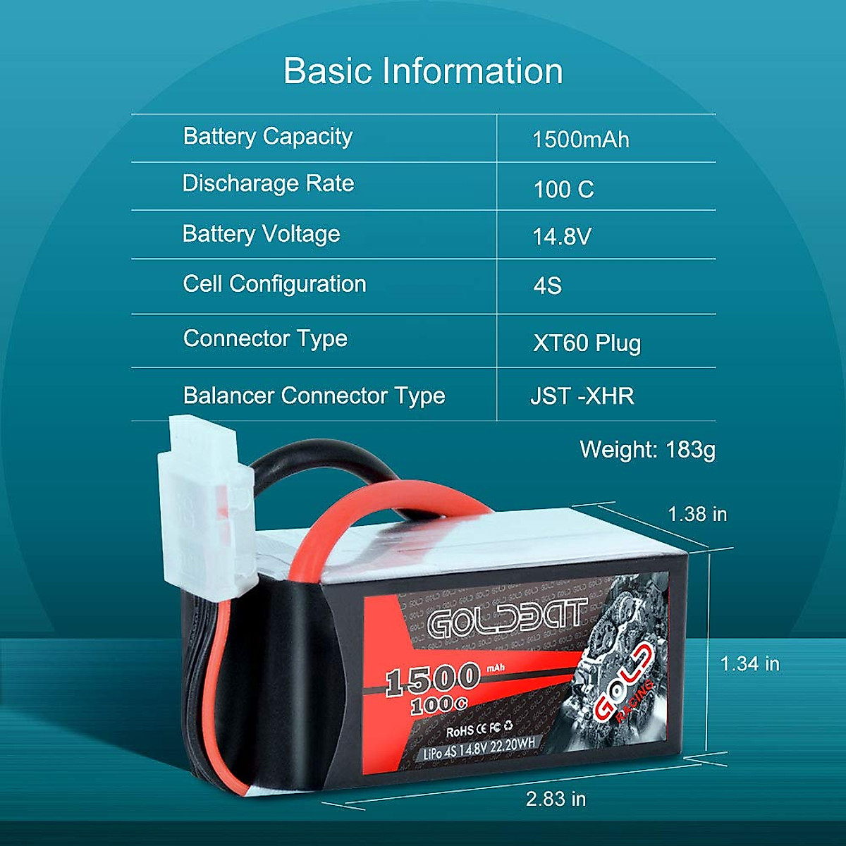 GOLDBAT 4S 1500mAh 100C 14.8V LiPo Battery Pack with XT60 Plug for Heli Airplane Drone FPV Racing (2 Packs)