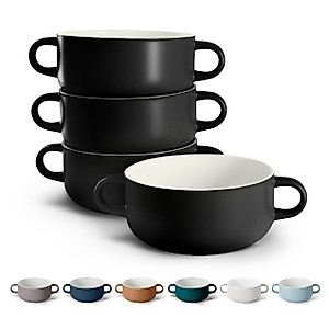 Kook Soup Crocks, Ceramic Bowls, Broil, Oven, Microwave and Dishwasher Safe, with Handles, For Casserole, Pasta, Cereal, 18 oz, Set of 4 (Black)