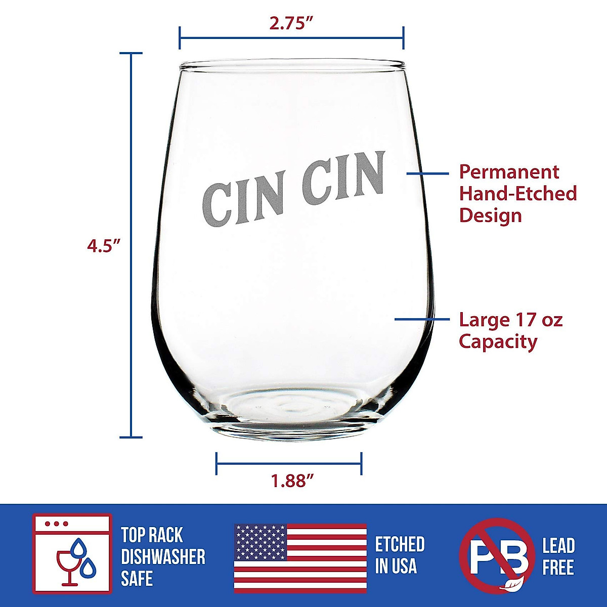 Cin Cin Italian Cheers - Stemless Wine Glass - Unique Italy Themed Gifts or Party Decor - Large 17 Ounce