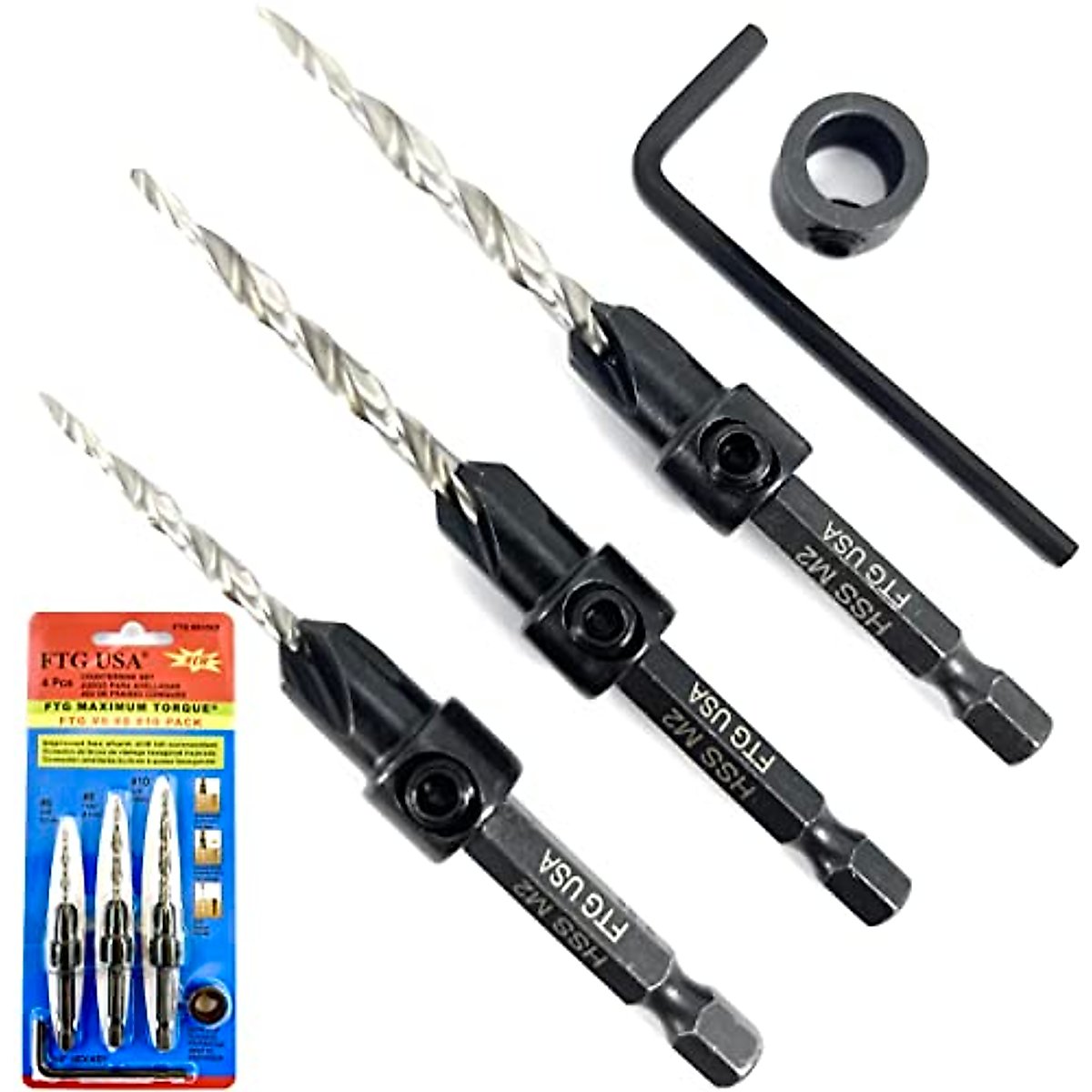 FTG USA Wood Countersink Drill Bit Set 3 Pc Countersink Drill Bit #6#8#10 Tapered Drill Bits with Improved Countersink Connection Drill Bit to Hex Shank Without Pin, 1 Stop Collar, 1 Allen Wrench
