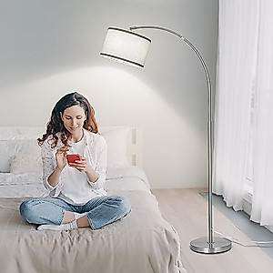 Arc Floor Lamp for Living Room, Silver Modern Standing Lamp with Adjustable Head Tall Pole Lamp with On/Off Pedal Switch, Over Couch Arched Tall standing light for Reading Bedroom 9W LED Bulb Included